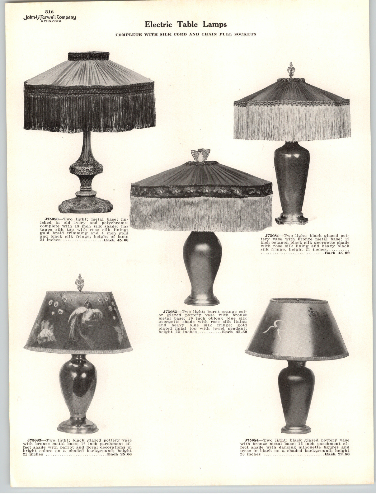 1925 PAPER AD 2 Sided Fringe Shade Electric Table Lamp Glazed Pottery ...