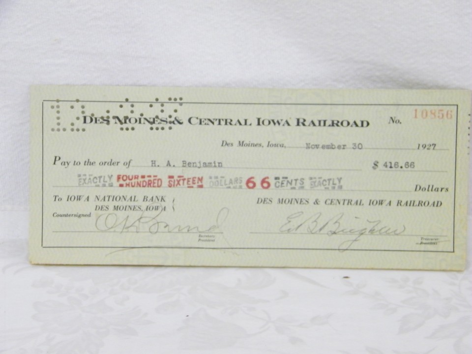 Vintage Des Moines Central Iowa Railroad Check | eBay