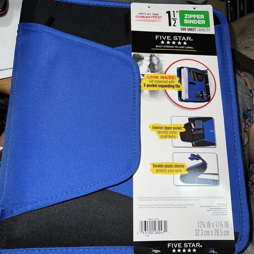 Five Star 1.5" 3-Ring Zipper Binder - Blue - 3 Pocket Expanding File ...