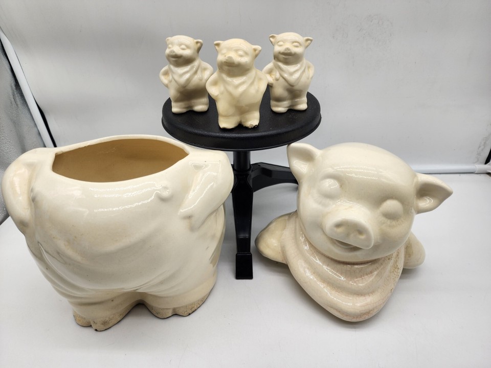 Vintage SHAWNEE SMILEY PIG chrysanthemum COOKIE JAR 3 SALT & PEPPER ...