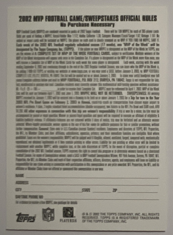 Derrick Alexander 2002 Topps MVP Promotion Print Run /100 NNO KC Chiefs ...