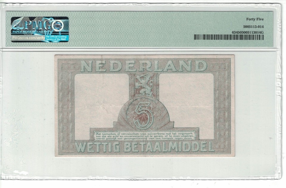 NETHERLANDS, Silver Note 5 Gulden 1944 Pick# 63 PMG: 45 EF #PL1577 | eBay