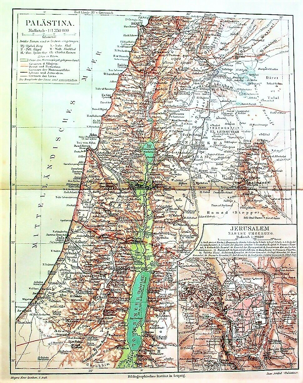 1896 Antique PALESTINE PALÄSTINA JERUSALEM MAP Geography Lithograph Art ...