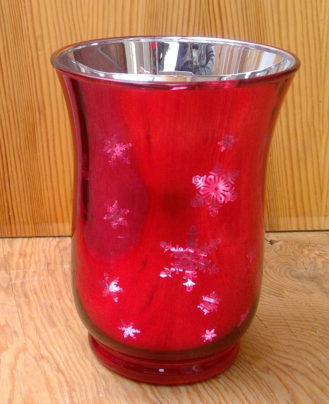 Crystal Clear red & silver mirrored candle holder glass snowflakes ...