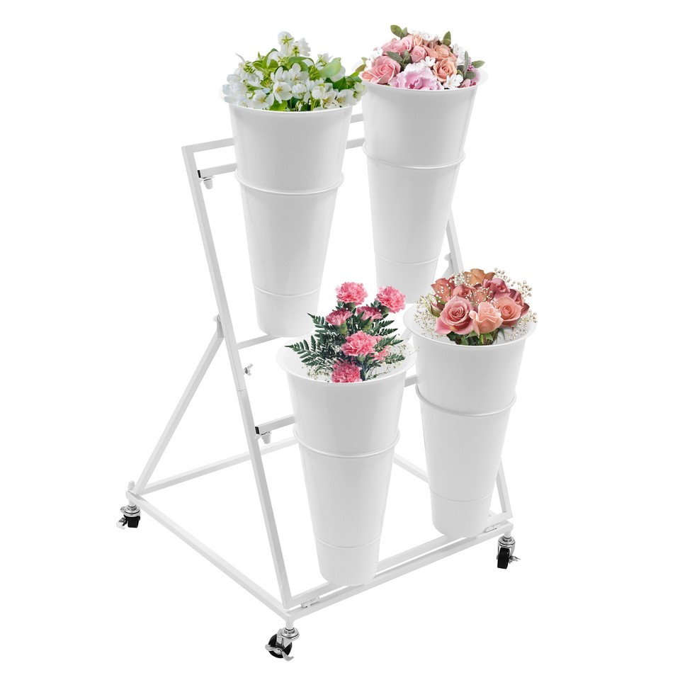 2 Layers Metal Flower Display Stand with 4 Buckets Moving Florist ...