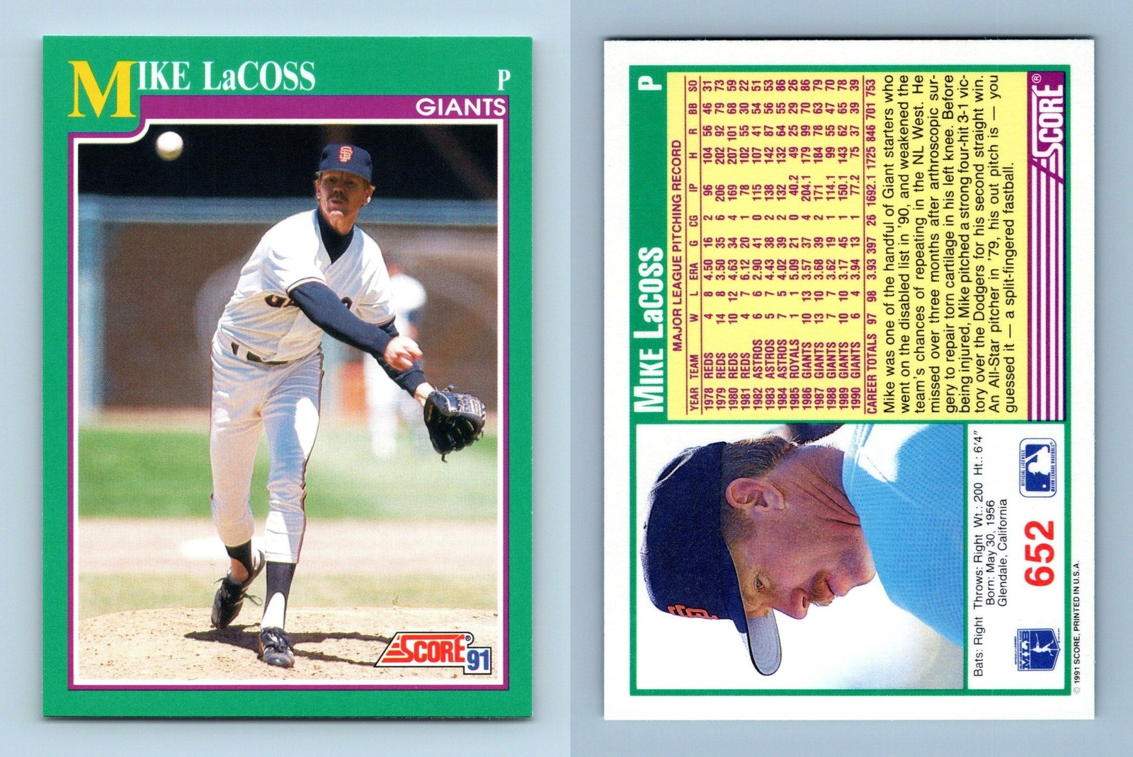 Mike LaCoss - Giants #652 Score 1991 Baseball Trading Card | eBay