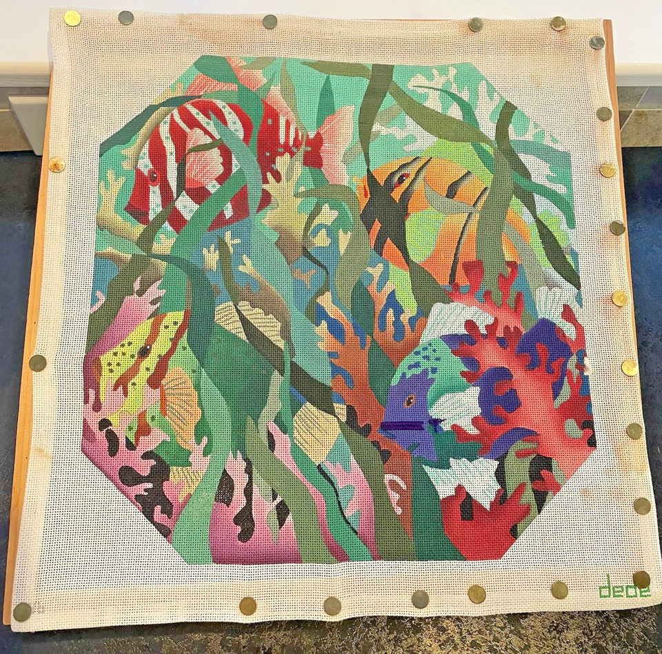 DeDe Hand Painted Needlepoint Canvas Jeweled Tropical Fish Water Jungle ...
