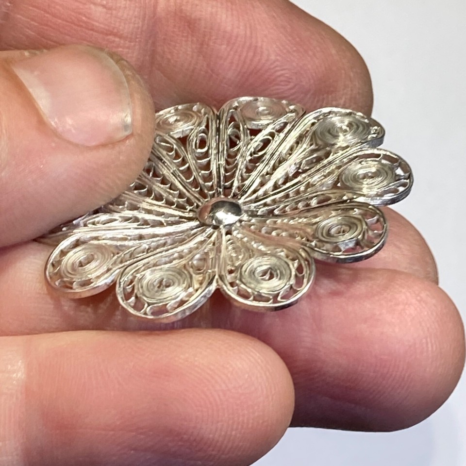 Filigree Flower Brooch Pin Handmade Tested Sterling Silver 925 1 5/8 ...