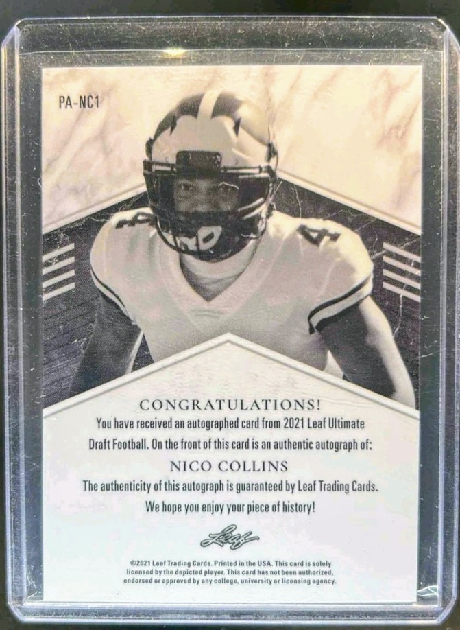 2021 Leaf Draft Nico Collins Rookie Autograph Clean Sharp Corners ...
