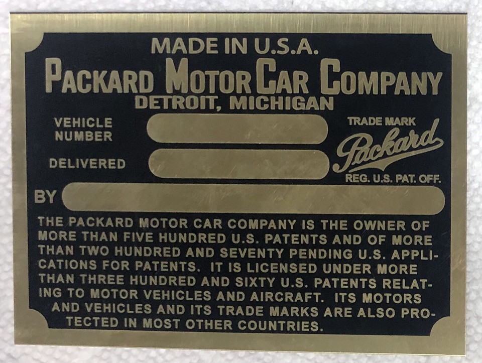 Packard 1925 Cowl Plate Tag ID Identification Style L F Your Data Added ...