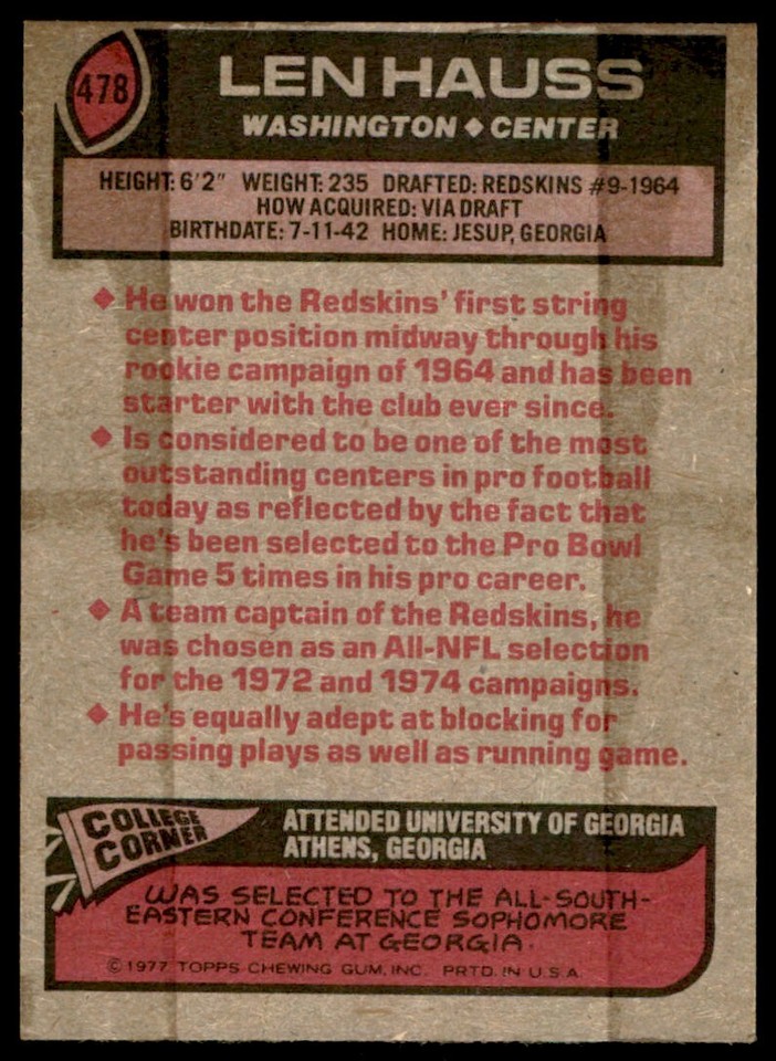 1977 Topps Len Hauss Football Card Washington Redskins #478 | eBay