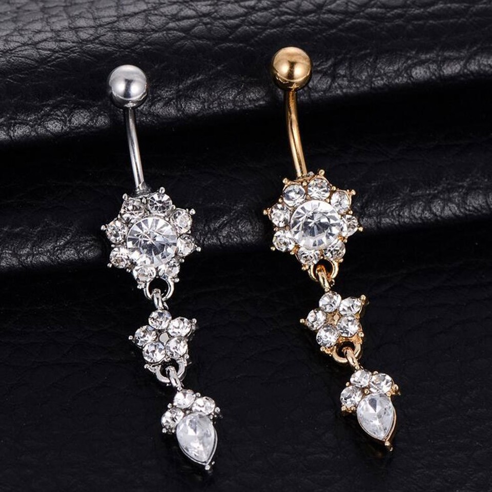 2Pcs Belly Piercing Jewelry Dangle Water Drop Flower Belly Button Rings ...