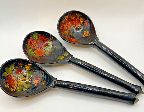 3 PC SET RUSSIAN (?) BLACK LACQUERED FLORAL hand painted wooden spoons ...