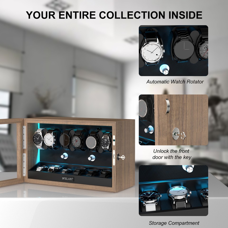 Automatic Rotation 6 Watch Winder with 6 Extra Storage Box Blue LED ...