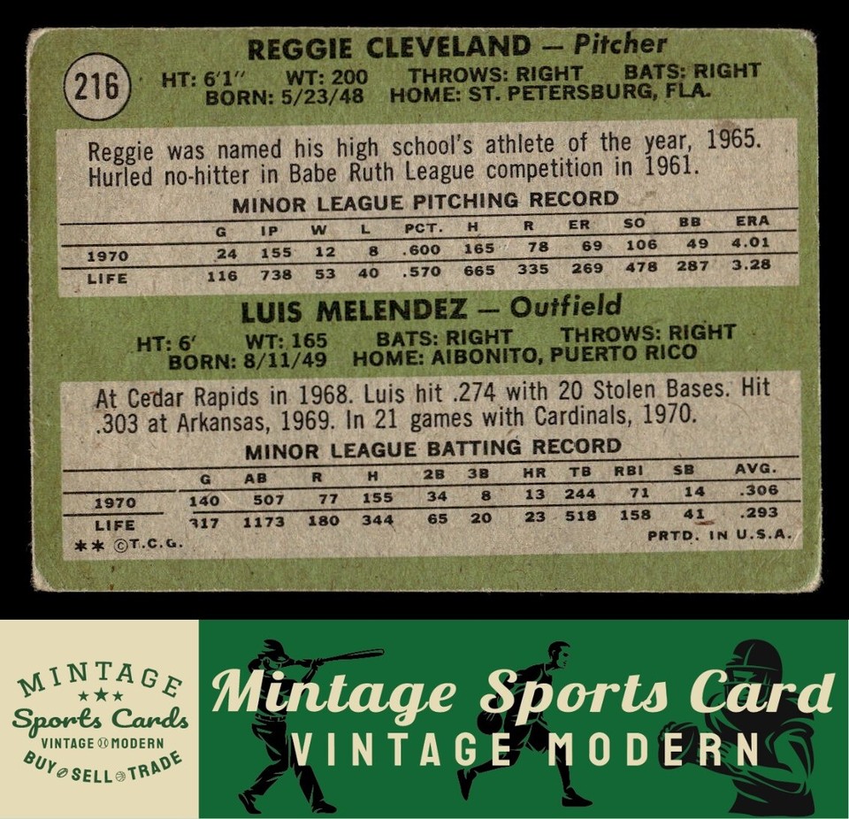 1971 Topps - Reggie Cleveland / Luis Melendez - #216 Cardinals Low ...