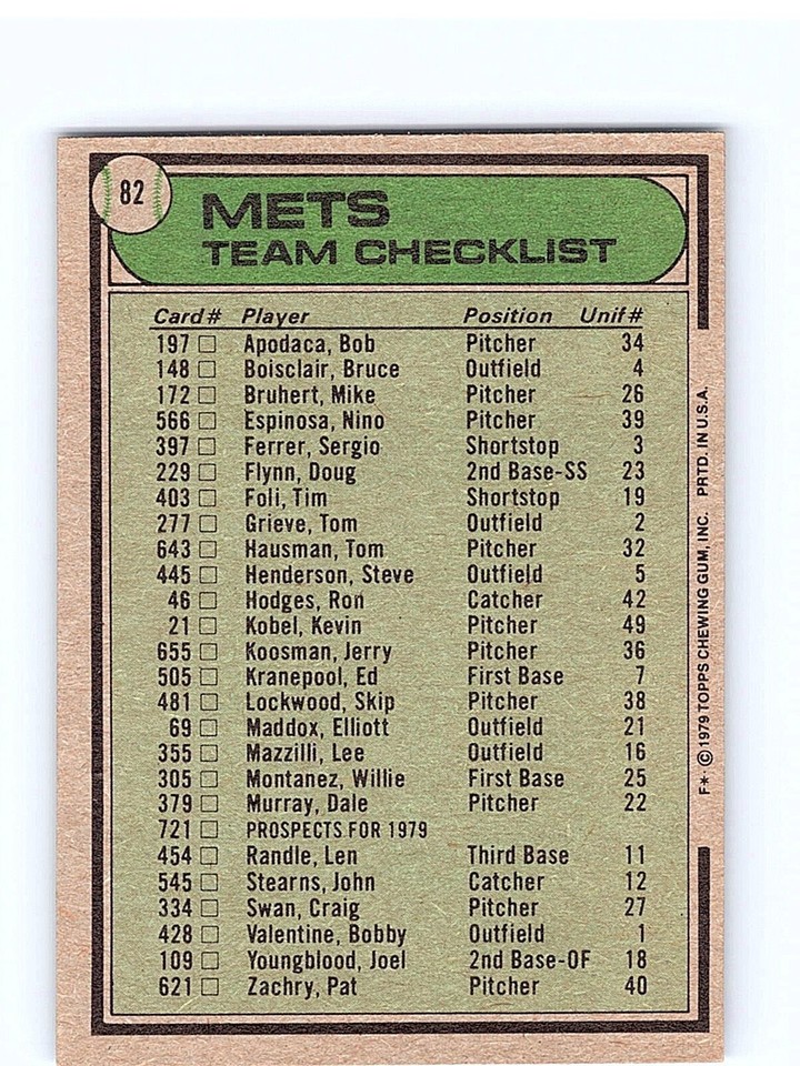 1979 Topps #82 New York Mets / Joe Torre Team Checklists | eBay