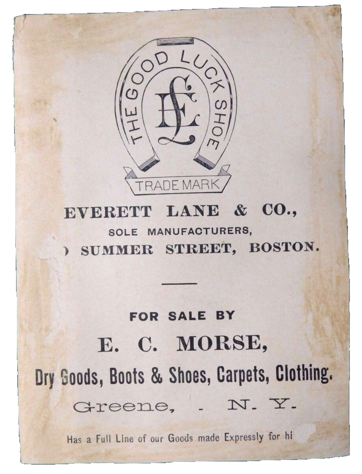 1870s-80s Everett Lane Good Luck Shoes E. C. Morse Greene NY Card F23 ...