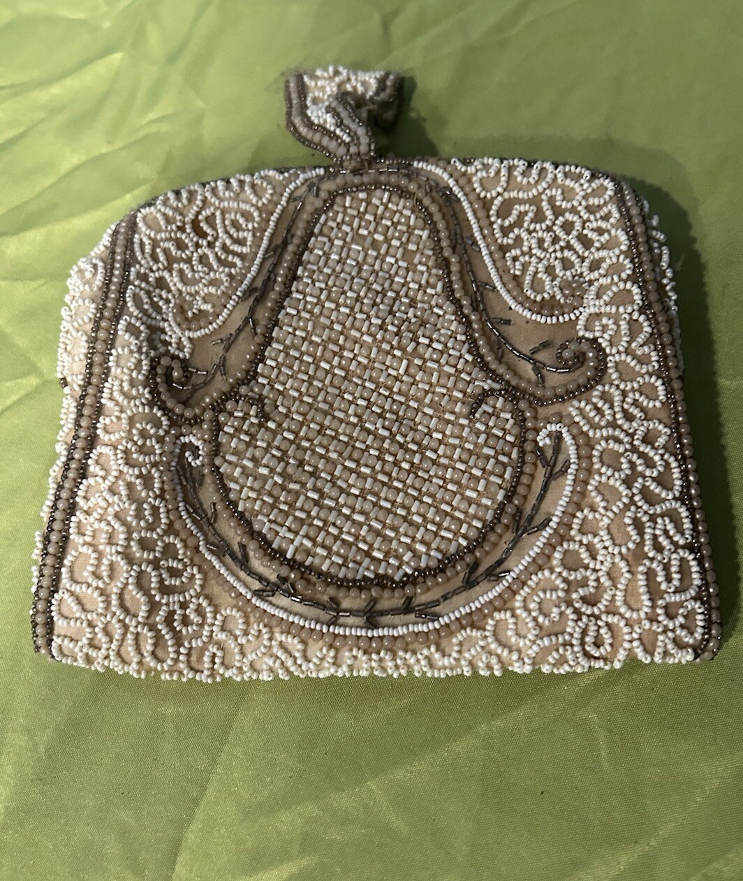Vintage Hand Beaded Purse In Tan And White - Gem