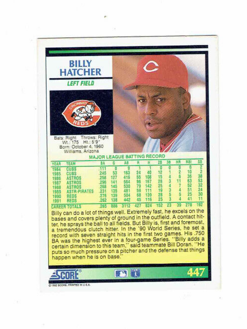 Billy Hatcher Cincinnati Reds LF #447 Score 1992 #Baseball Card | eBay