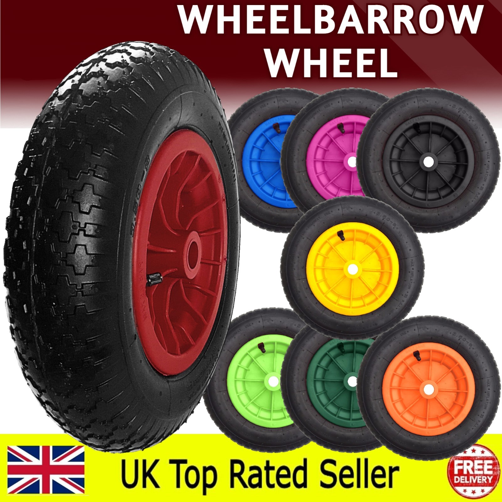 14" PNEUMATIC WHEELBARROW WHEEL 3.50-8 LAUNCHING TROLLEY INFLATABLE ...