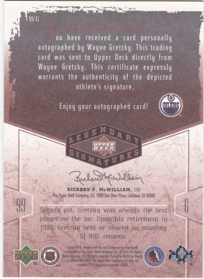 MINT! WAYNE GRETZKY 2004-05 UD LEGENDARY SIGNATURES #WG HARD SIGNED ...