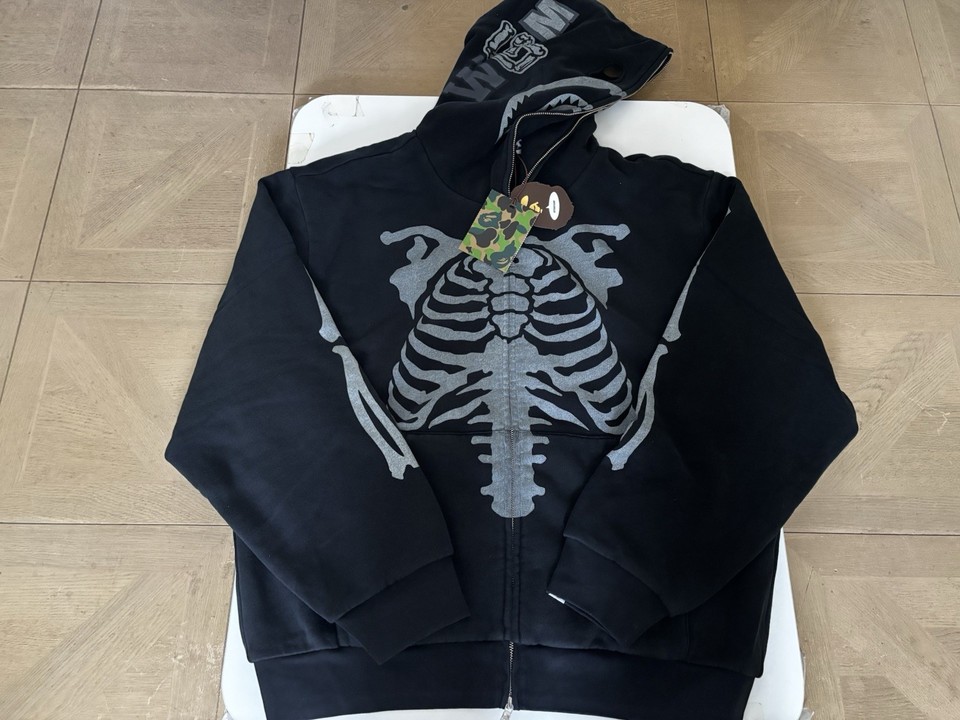 auth ape bape skeleton shark heavy washed cropped fit full zip hoodie ...