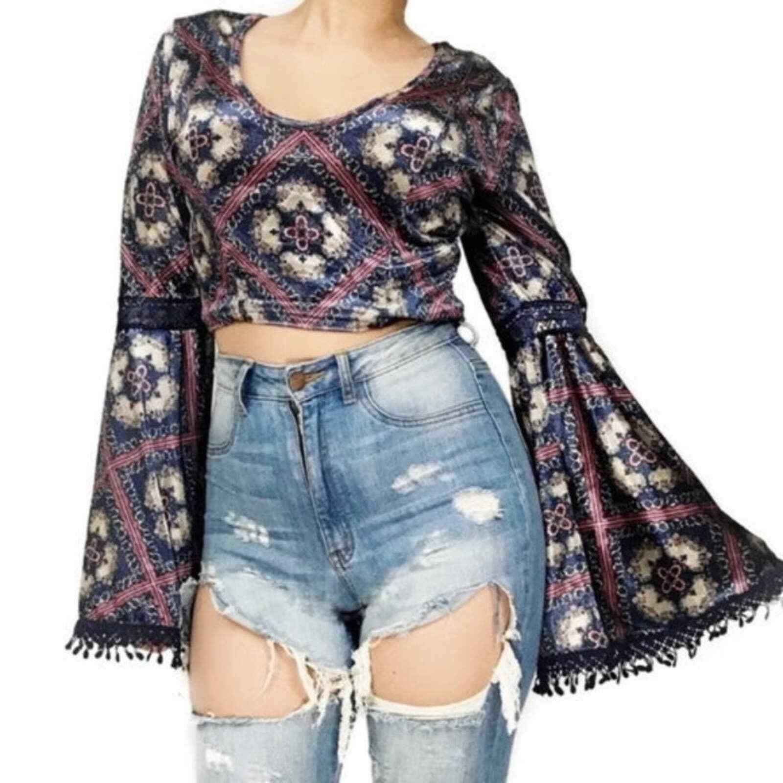 Band of Gypsies Velvet Crop Top Trumpet Sleeves - Gem