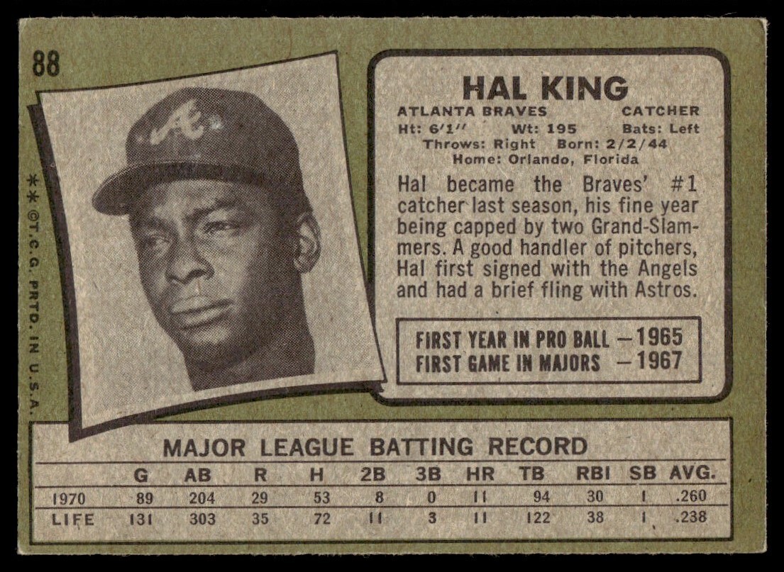 1971 Topps Baseball Card Hal King Atlanta Braves #88 VG-EX | eBay