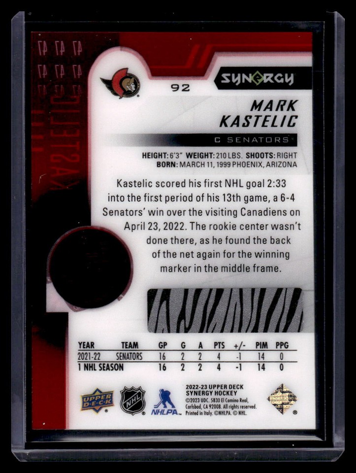 Mark Kastelic 2022 UD Synergy Red Codes #92 Ottawa Senators | eBay