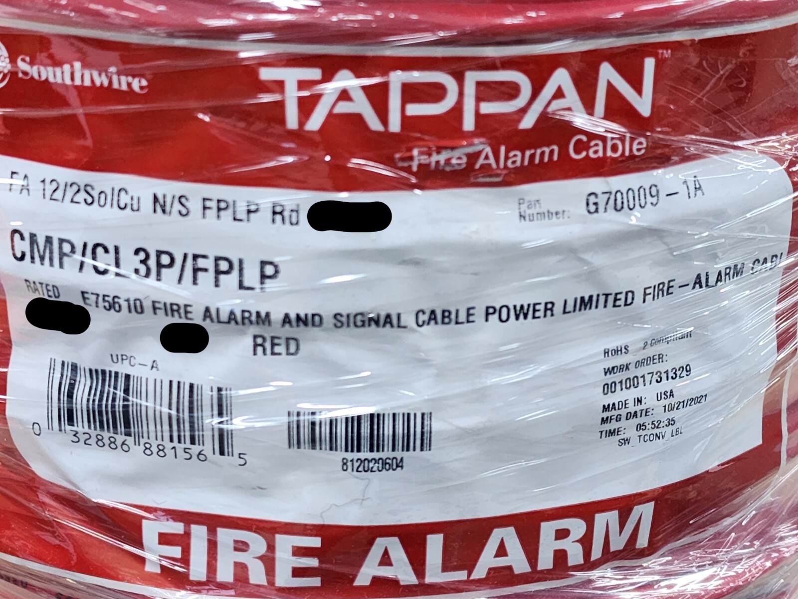 Southwire/Tappan G70009 12/2C Solid Fire Alarm Cable Plenum FPLP Red ...
