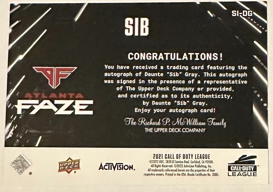 2021 Upper Deck Call of Duty League Solo Ink Sib SI-DG Auto Daunte Gray ...