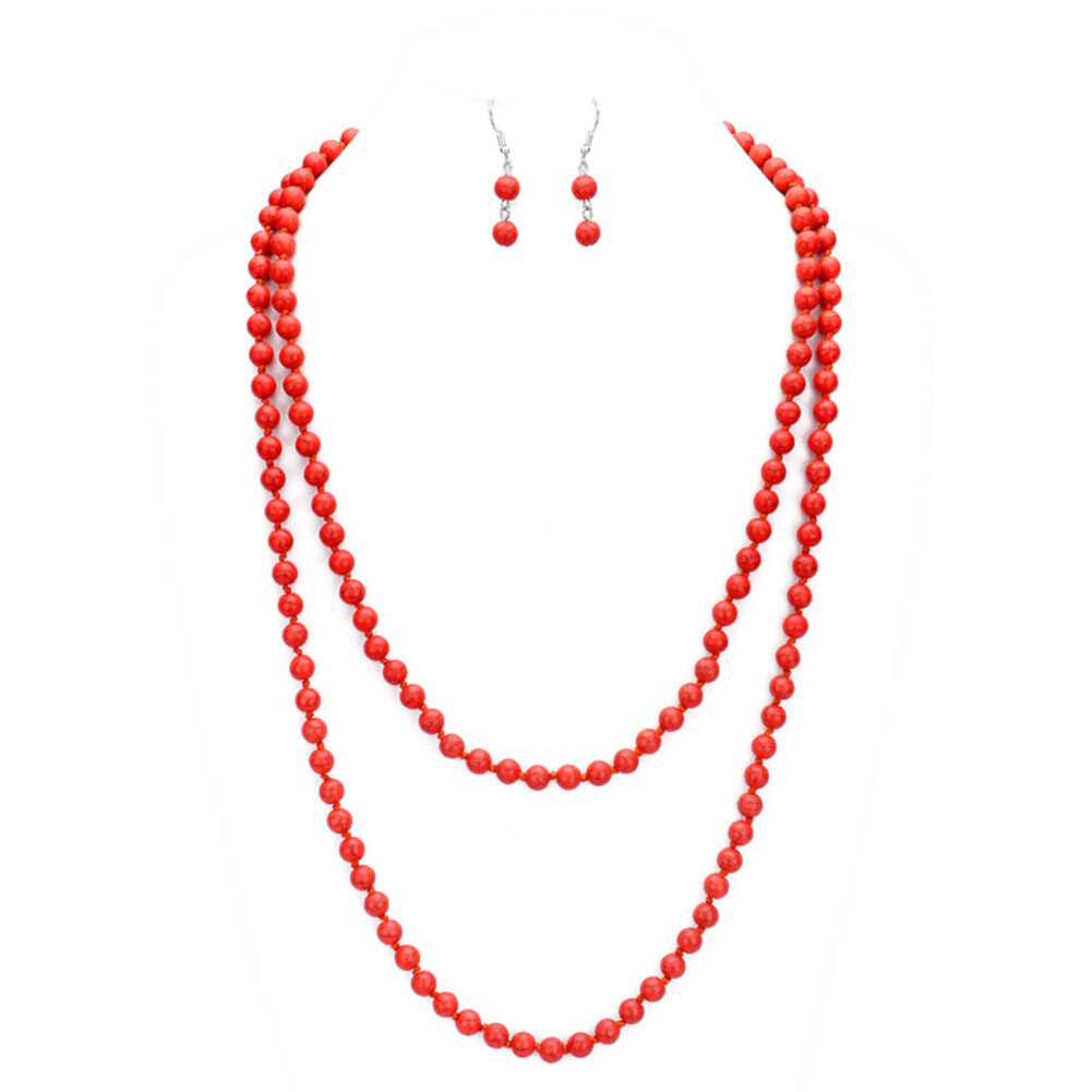 Red Rope Necklace Long Single Strand Marbled Beads Knotted 52” with ...