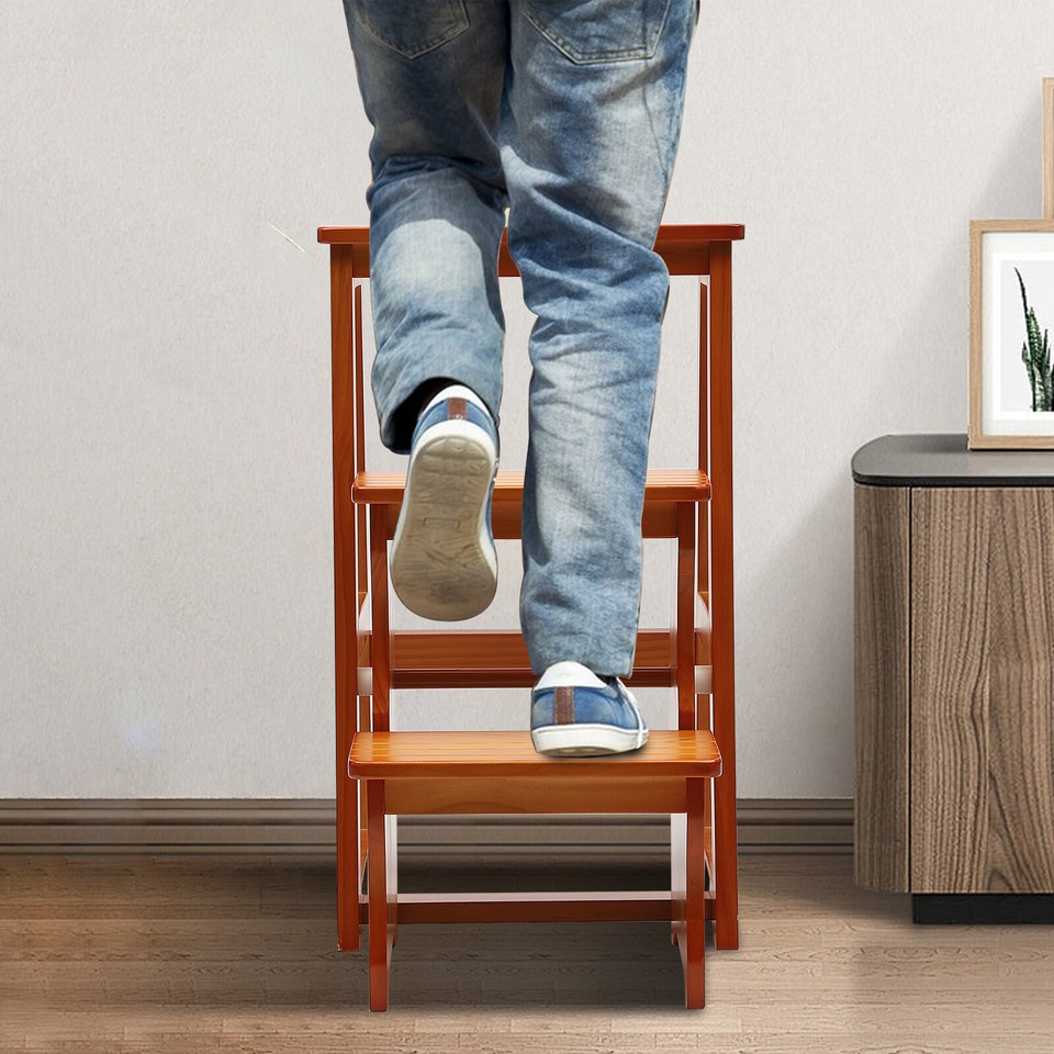 3 Step Stool Wooden Ladder Chair Thickened Library Stair Ladder Chair ...