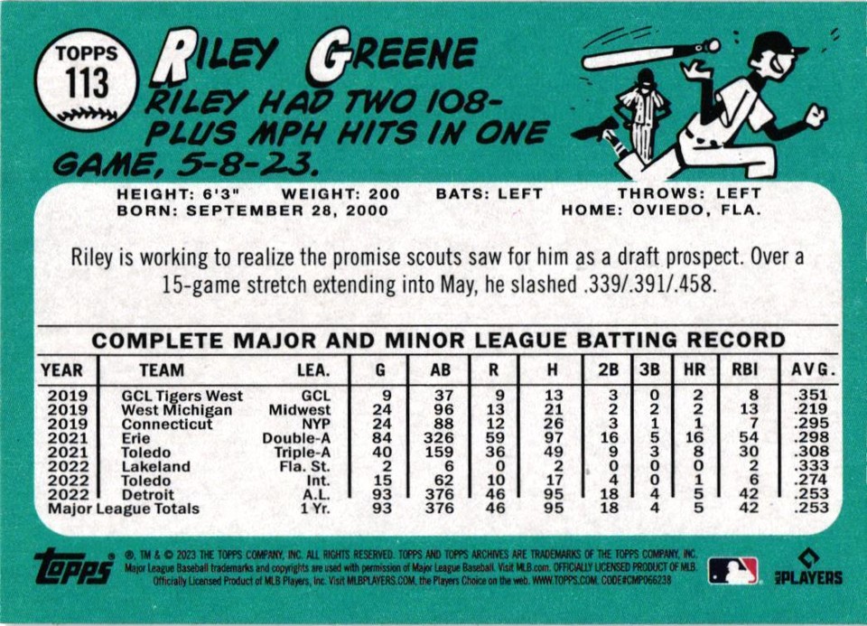 2023 Topps Archives #113 Riley Greene | eBay