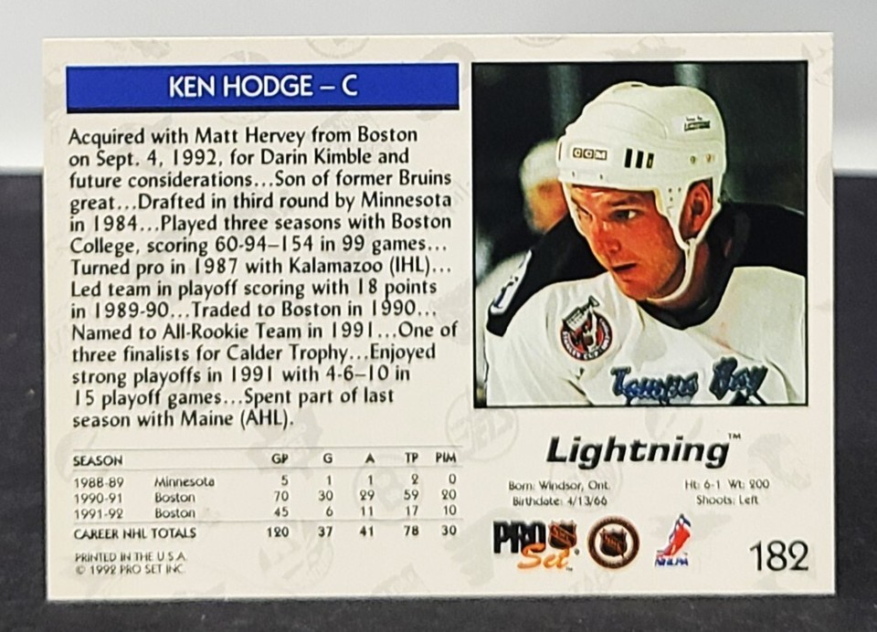 KEN HODGE Signed Autographed 1992 Pro Set Hockey Card #182 Tampa Bay ...
