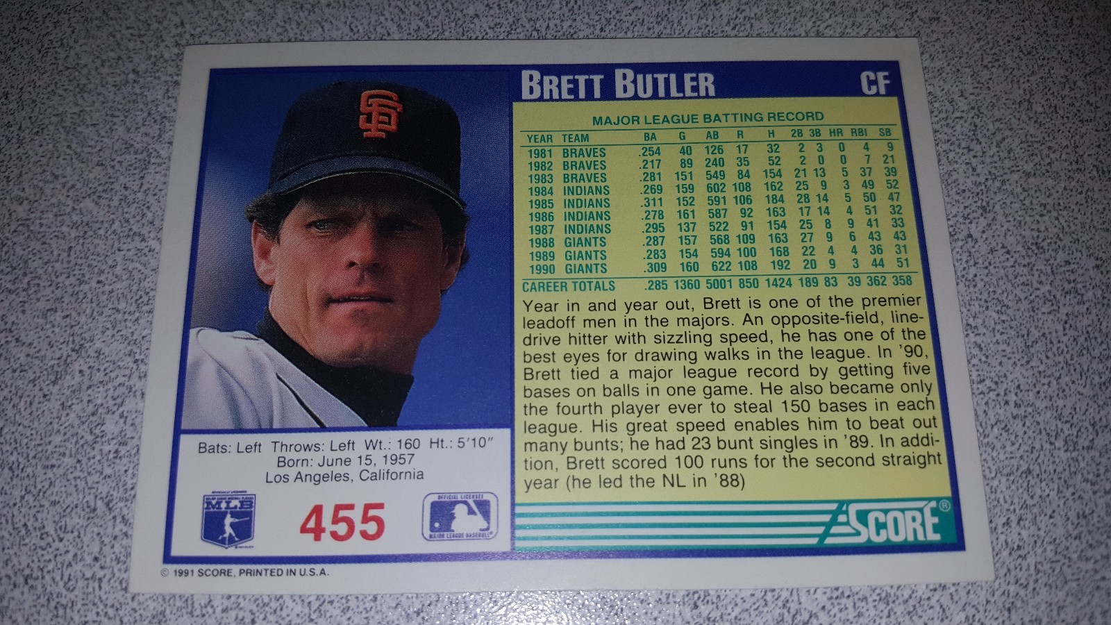 BRETT BUTLER SIGNED 1991 SCORE #455 BASEBALL CARD AUTOGRAPHED | eBay