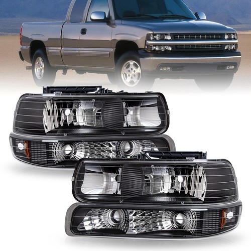 4Pcs Black Headlights+Bumper Lamp For 99-02 Chevy Silverado/00-06 Tahoe ...