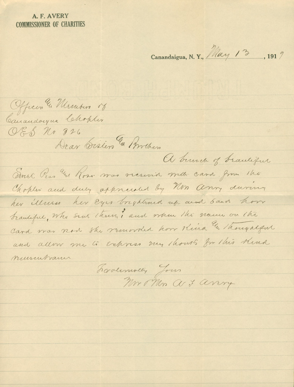 1919 Letterhead A F Avery Commissioner Of Charities Canandaigua NY OES ...