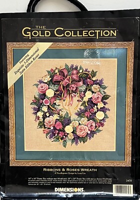 Vintage NOS: Dimensions Gold "Ribbons & Roses Wreath" needlepoint kit ...