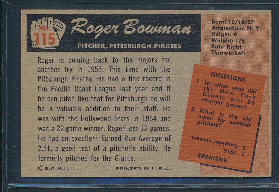 1955 Bowman Set-Break #115: ROGER BOWMAN "Pittsburgh Pirates" ~ EX-MT ...