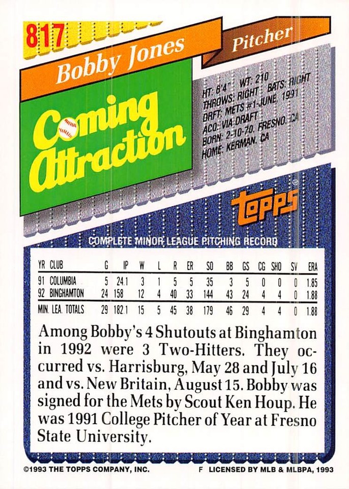Bobby Jones 1993 Topps 817 New York Mets Baseball Card | eBay