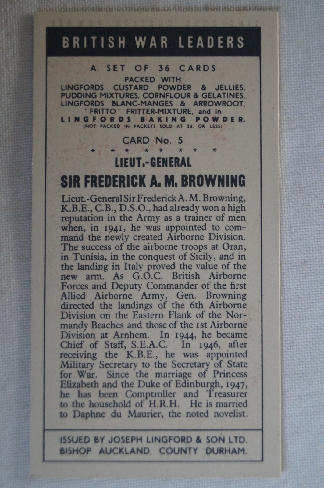 War Leaders British Vintage 1950 Lingford Card Sir Frederick A.M ...