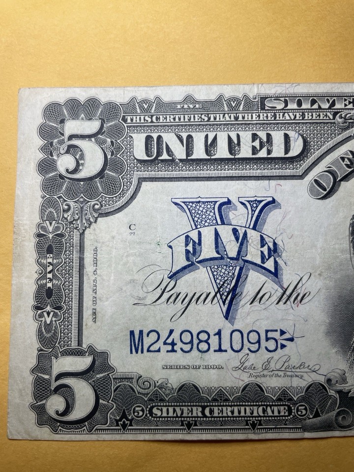 US Currency 1899 $5 Silver Certificate Indian Chief Note Blue Seal ...