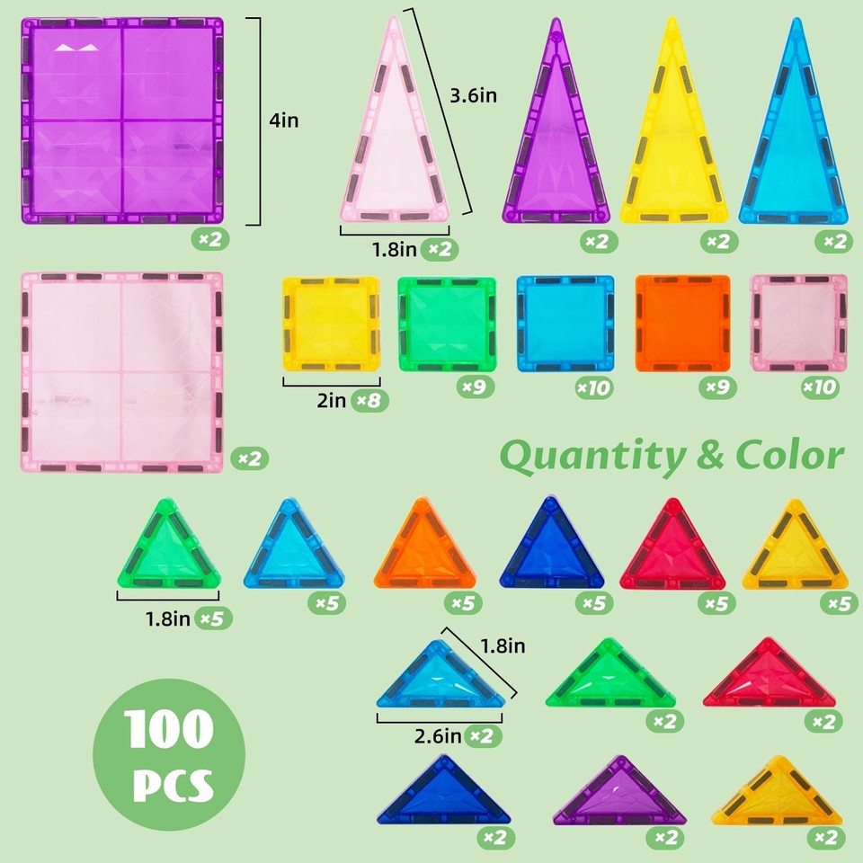 Magnetic Building Tiles 100 PCS Magnets Stacking Kids Toys STEM Sensory ...