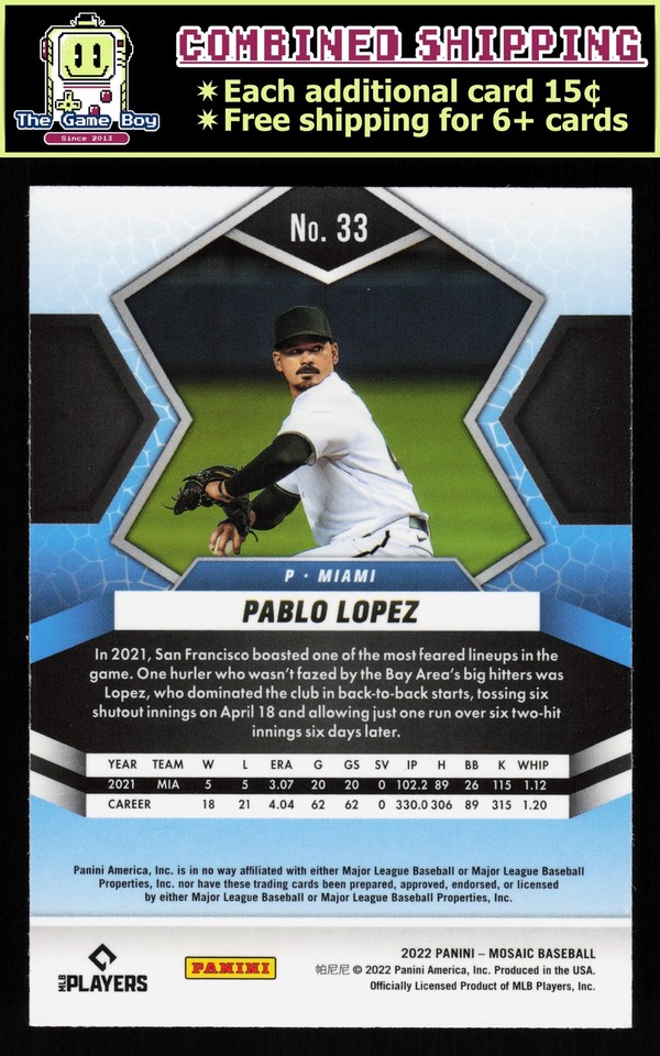 2022 Panini Mosaic #33 Pablo Lopez - Miami Marlins Baseball Card | eBay