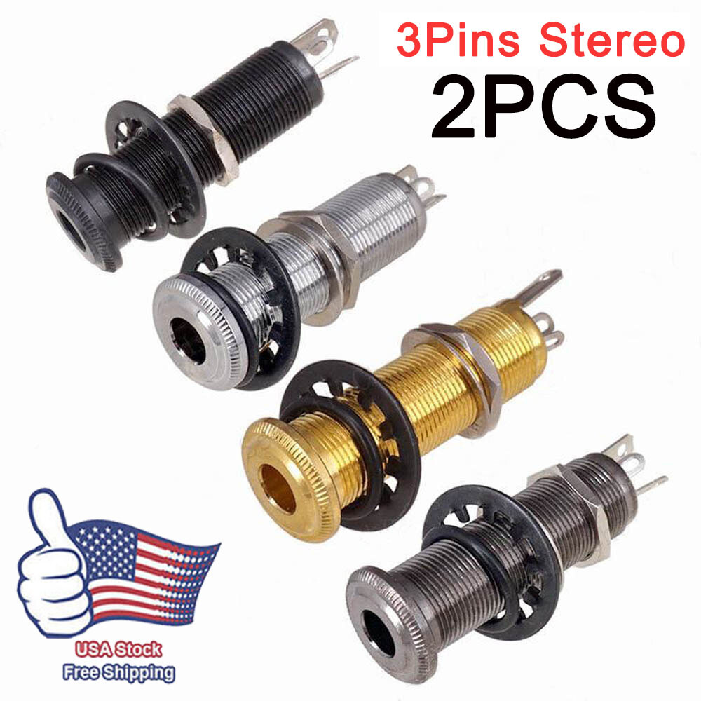 USA 2Pcs 3Pins Stereo Copper Guitar Bass Barrel Jack Cylinder Input ...