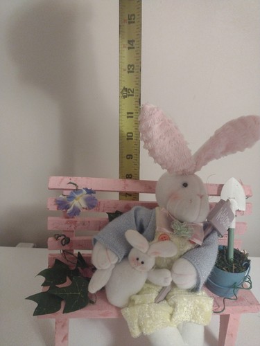 Vtg Plush Easter Bunny Rabbit Sitting On Wood Slat Park Bench Floral ...