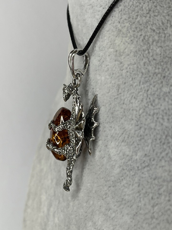 Natural AMBER Stone DRAGON PENDANT.AMBER Dragon PENDANT with Sterling ...