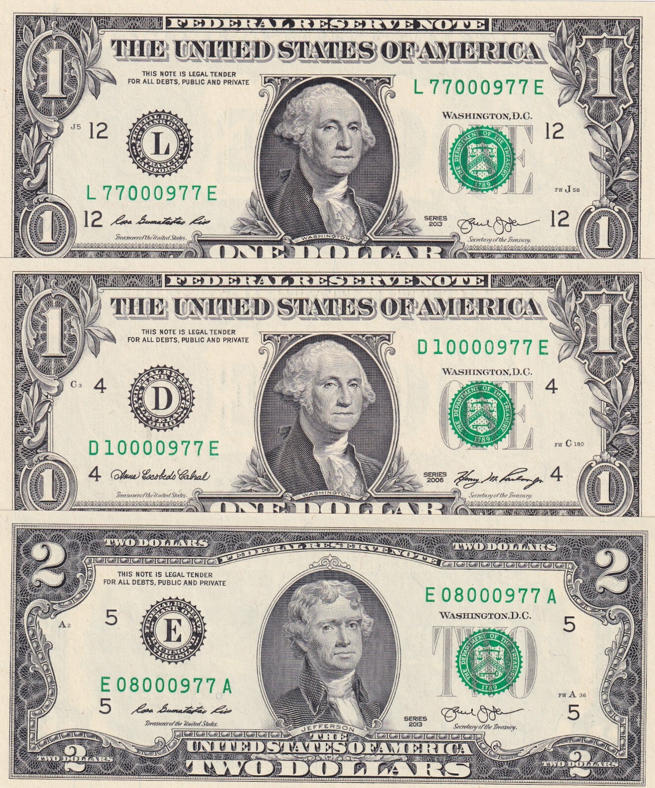 United States Of America, 1 and 2 Dollar , UNC, (special serial number ...