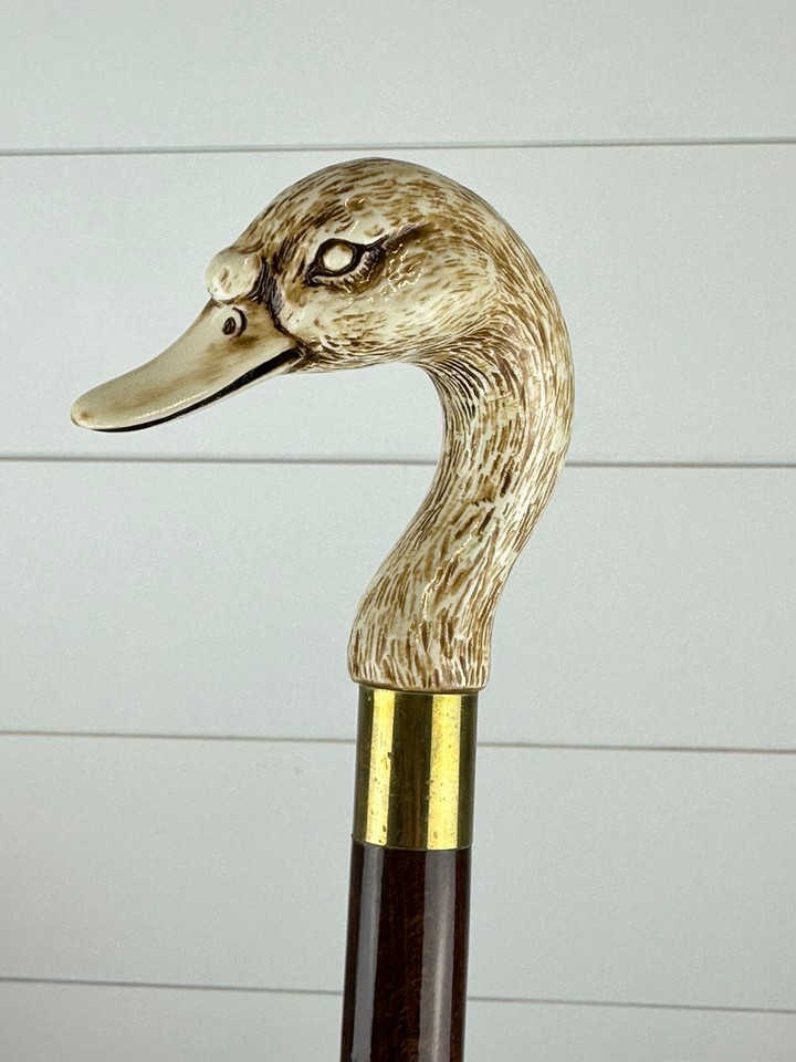 Duck Head Walking Stick Cane Wooden Hand Carved Resin Bird Brass ...